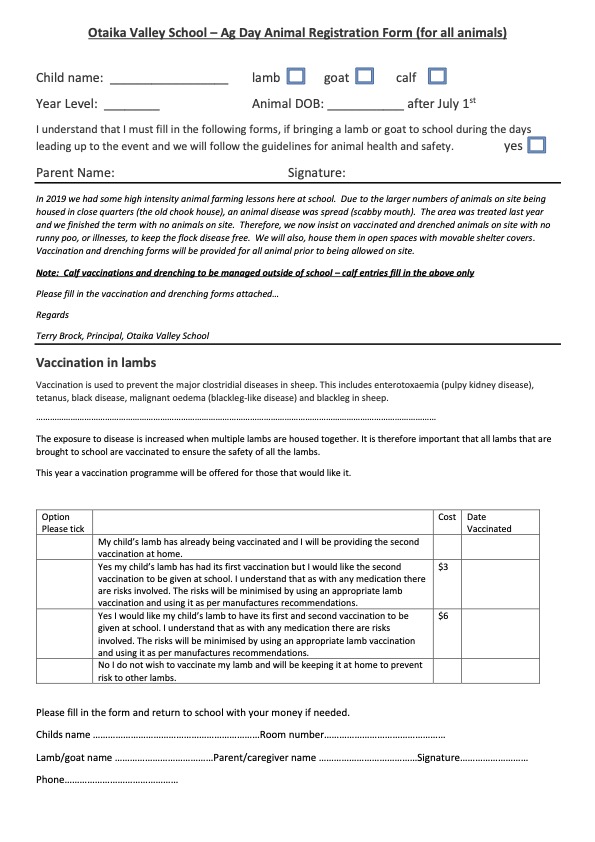 Ag Day Animal – registration forms – Otaika Valley School